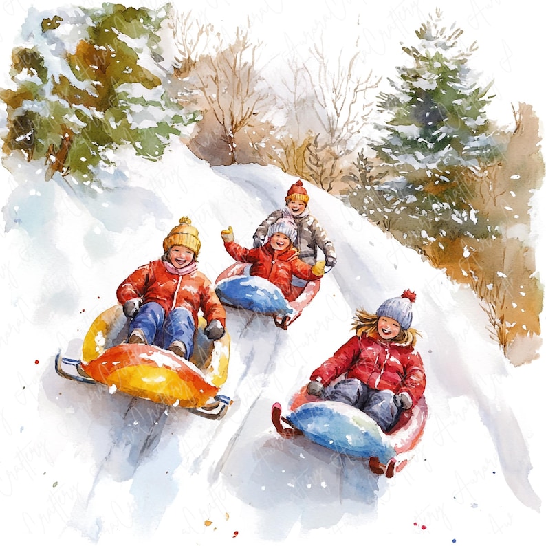 8 Watercolor Winter Sledding Clipart, Festive Snow Clipart, Winter ...