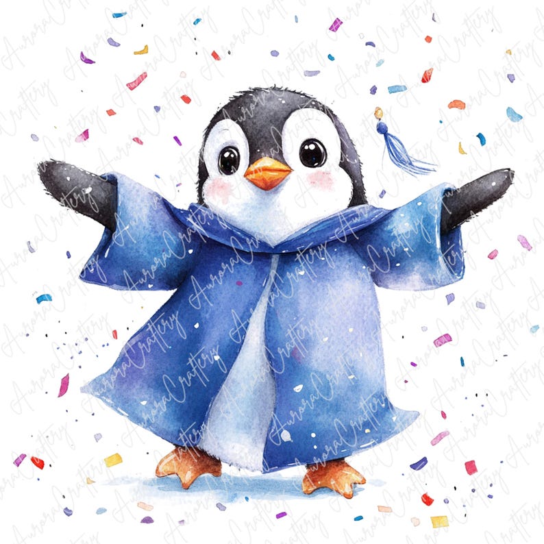 8 Watercolor Graduation Penguin Clipart, Penguins in Blue Gowns and ...