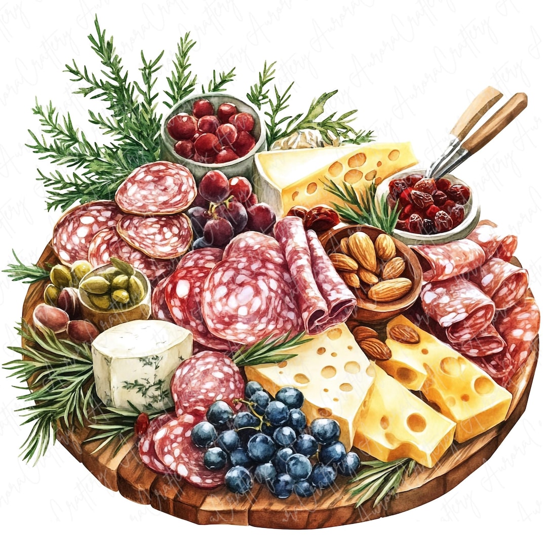 8 Watercolor Charcuterie Board Clipart, Food Clipart, Cheese & Fruit ...