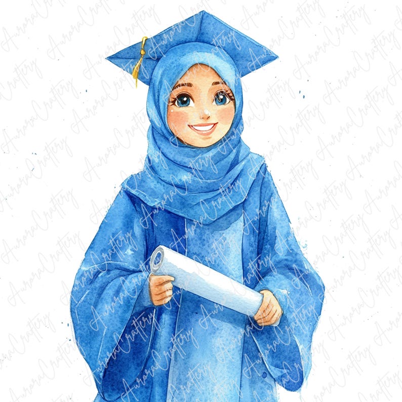 3 Watercolor Asian Girls in Blue Graduation Gowns, Girl With Head Scarf ...