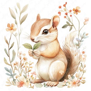 10 Watercolor Chipmunk Clipart, Woodland Chipmunk With Flowers, Forest ...