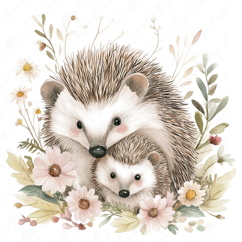 10 Watercolor Hedgehog Clipart, Woodland Hedgehog Family Flowers, Cute ...