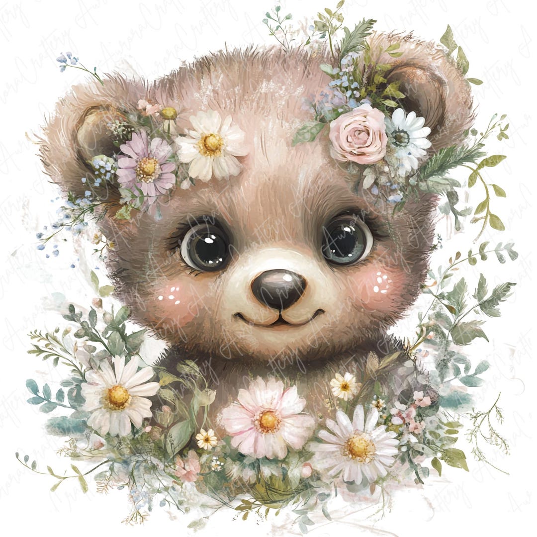 6 Watercolor Floral Bear Clipart, Cute Bear With Flower Wreaths ...