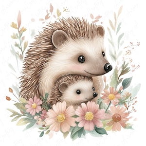 10 Watercolor Hedgehog Clipart, Woodland Hedgehog Family Flowers, Cute ...