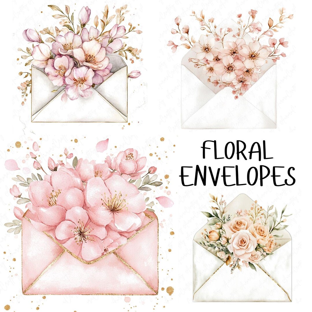8 Watercolor Floral Envelope Clipart, Envelopes With Flowers, Vintage ...