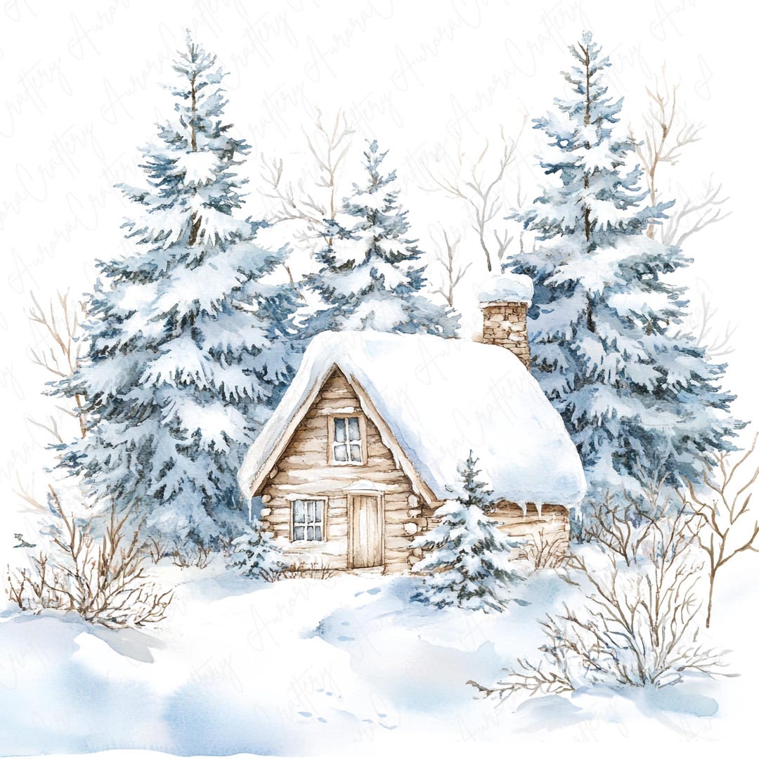 5 Watercolor Winter Cabin Clipart, Cozy Snowy Winter Landscape, Rustic ...