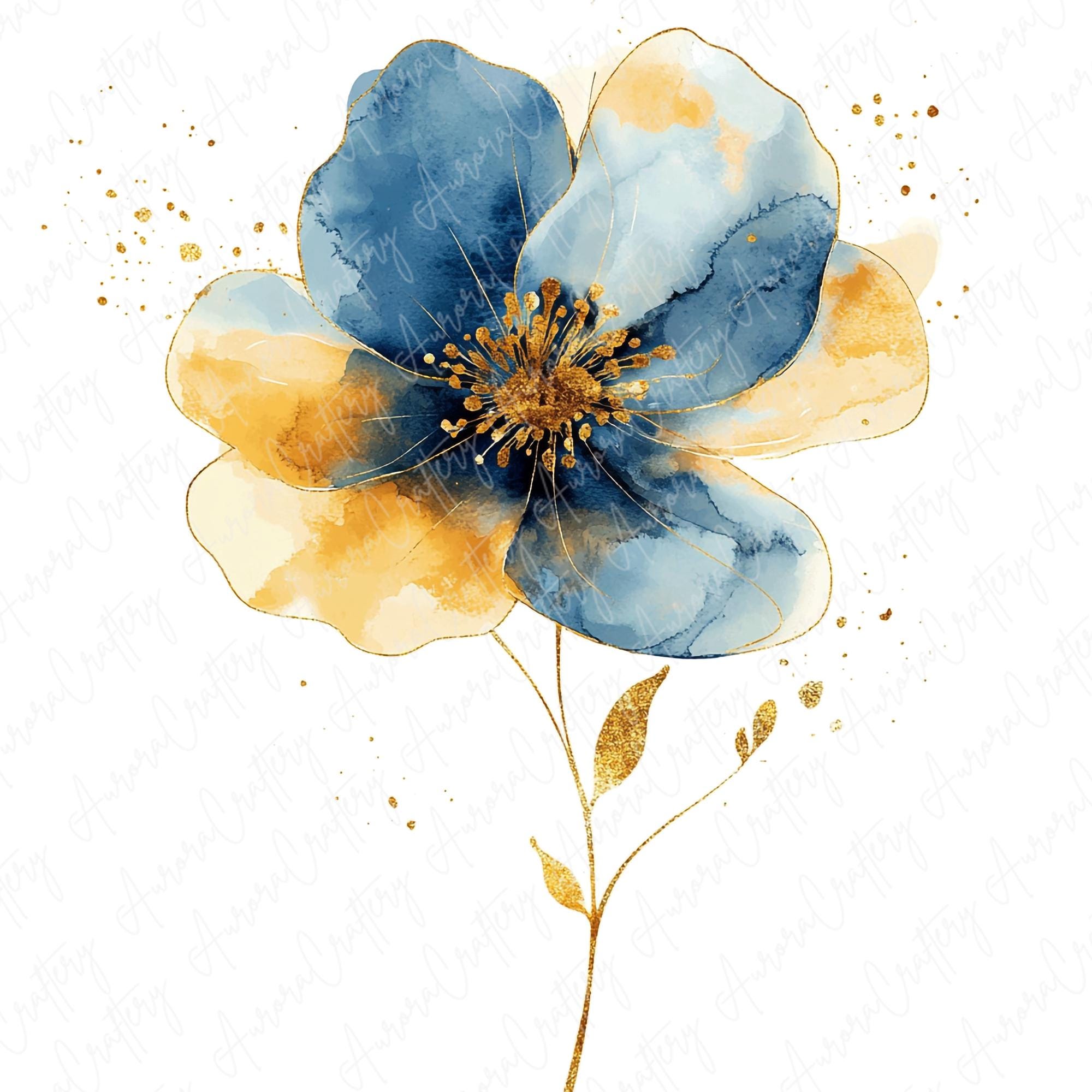 16 Abstract Blue and Yellow Watercolor Floral Clipart Bundle, Blue ...