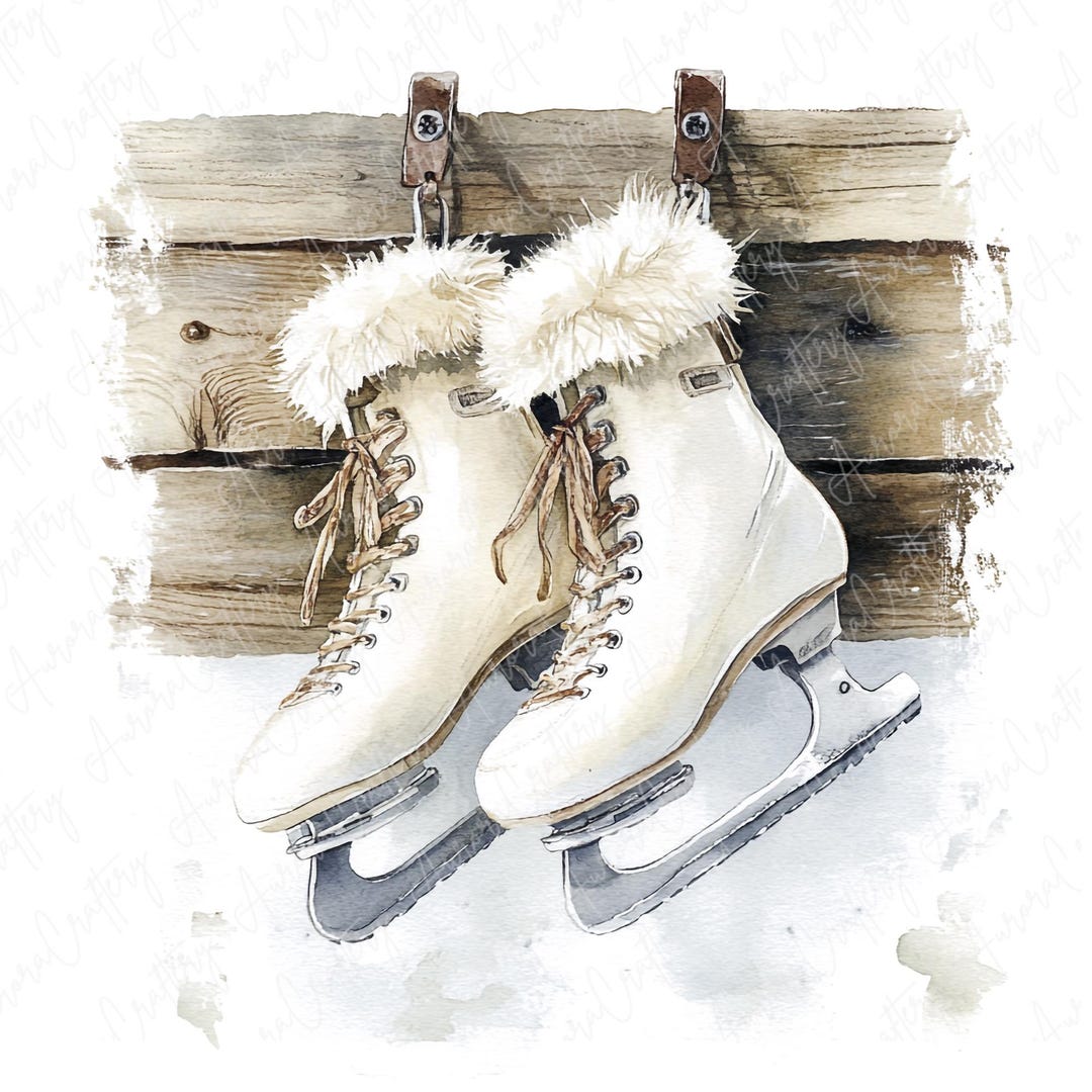 6 Winter Ice Skates Clipart, Cozy Vintage Ice Skates on Wood, Festive ...