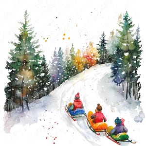 8 Watercolor Winter Sledding Clipart, Festive Snow Clipart, Winter ...