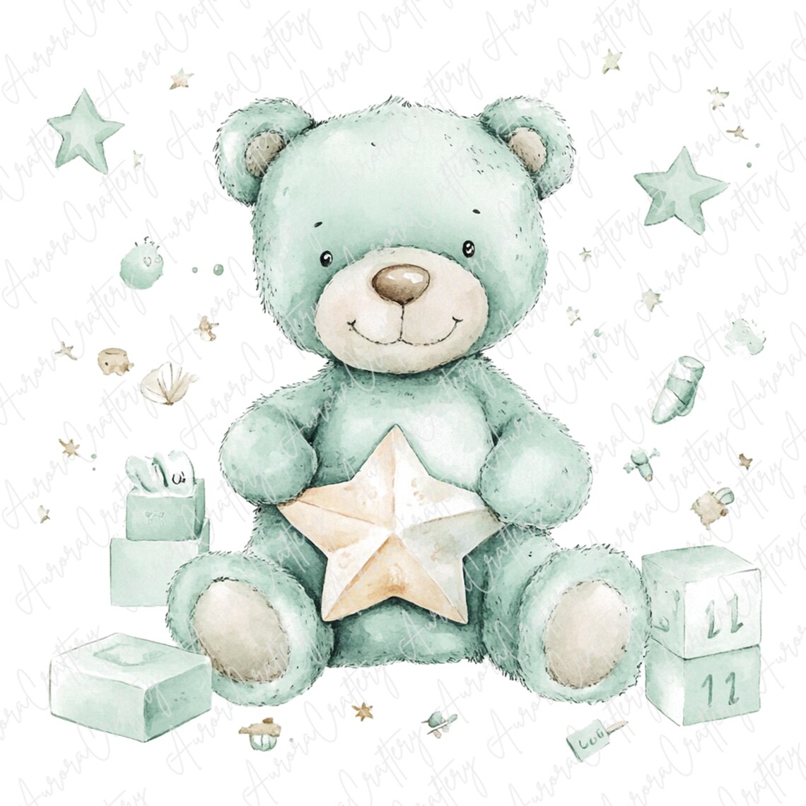 5 Watercolor Green Teddy Bear Clipart, Teddy Bear Nursery Clipart ...