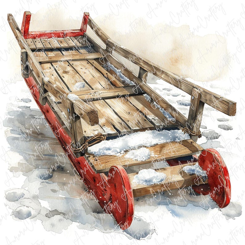 6 Watercolor Wooden Sled Clipart, Rustic Vintage Snow Sleigh in Forest ...