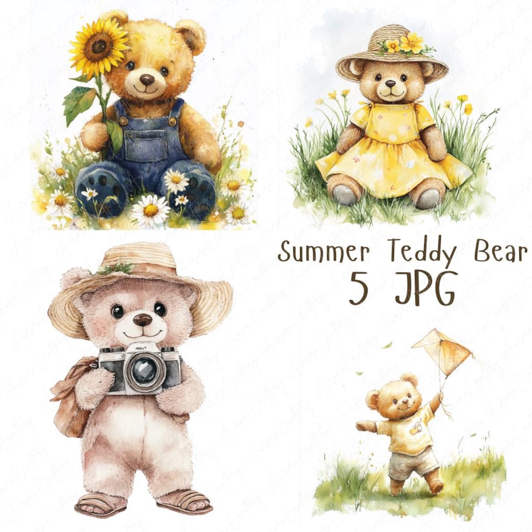 5 Watercolor Summer Teddy Bear Clipart, Cute Bears With Flowers, Cute ...
