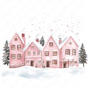 8 Watercolor Festive Village Clipart, Pink Snowy House Clipart, Winter ...