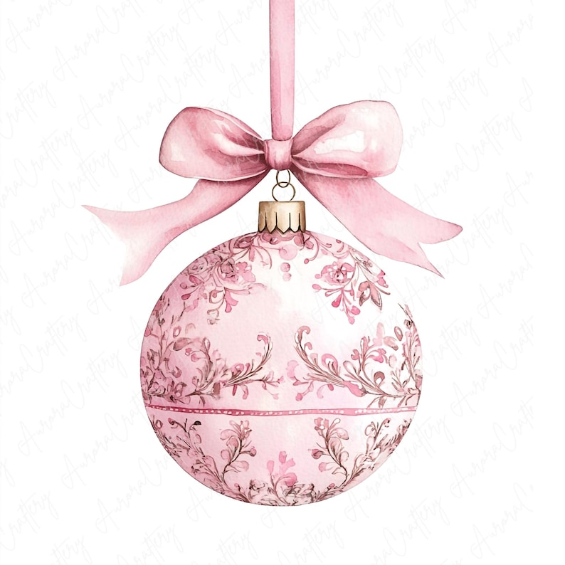 8 Watercolor Pink Ornaments Clipart, Festive Bauble Clipart With Bows ...