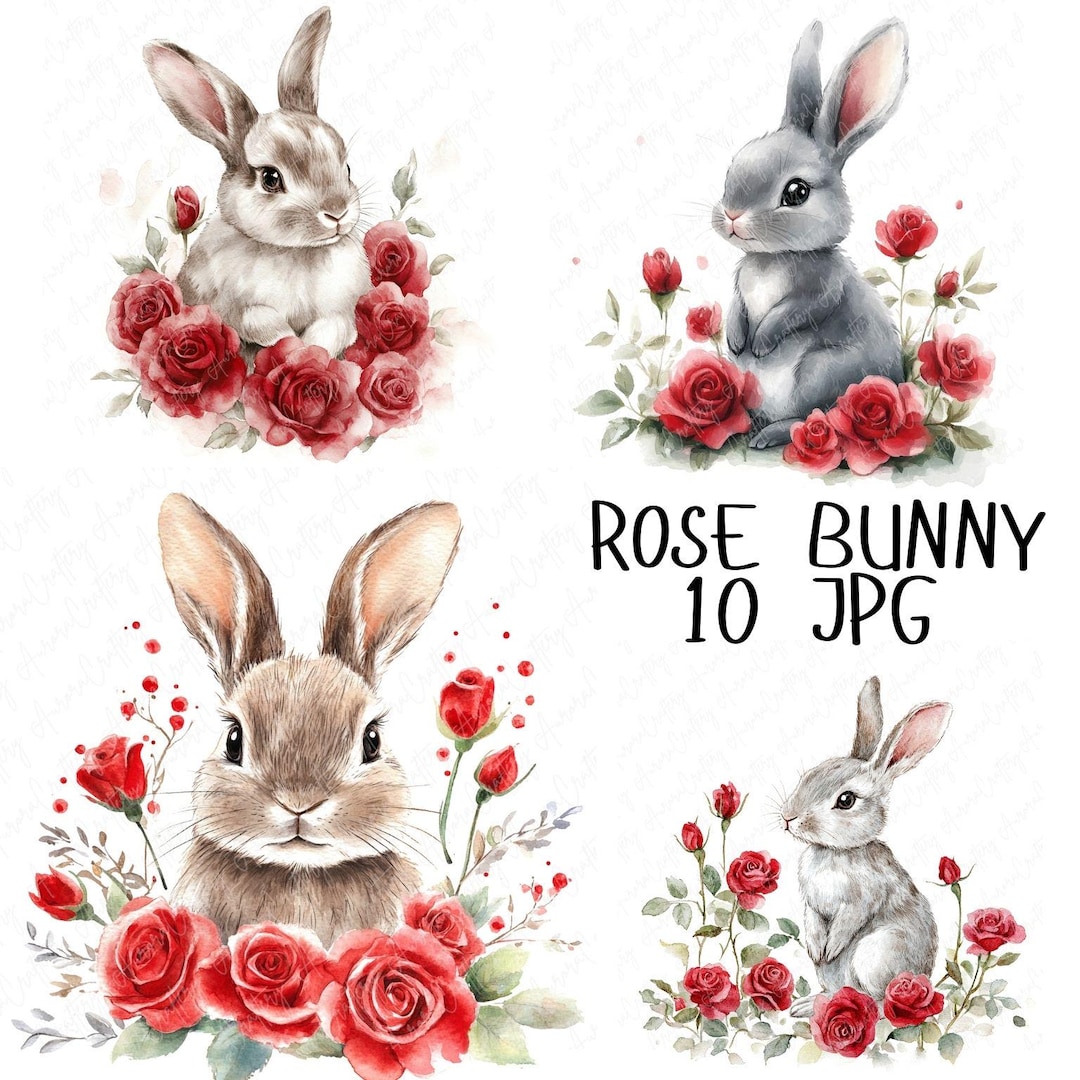 10 Watercolor Rose Bunny Clipart, Cute Valentine's Bunnies With Red ...