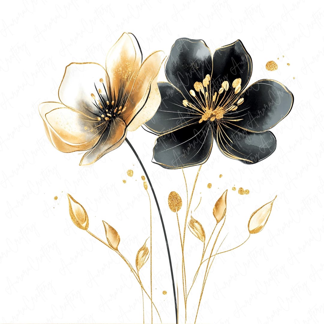 9 Black and Gold Floral Clipart, Watercolor Flower Clipart, High ...