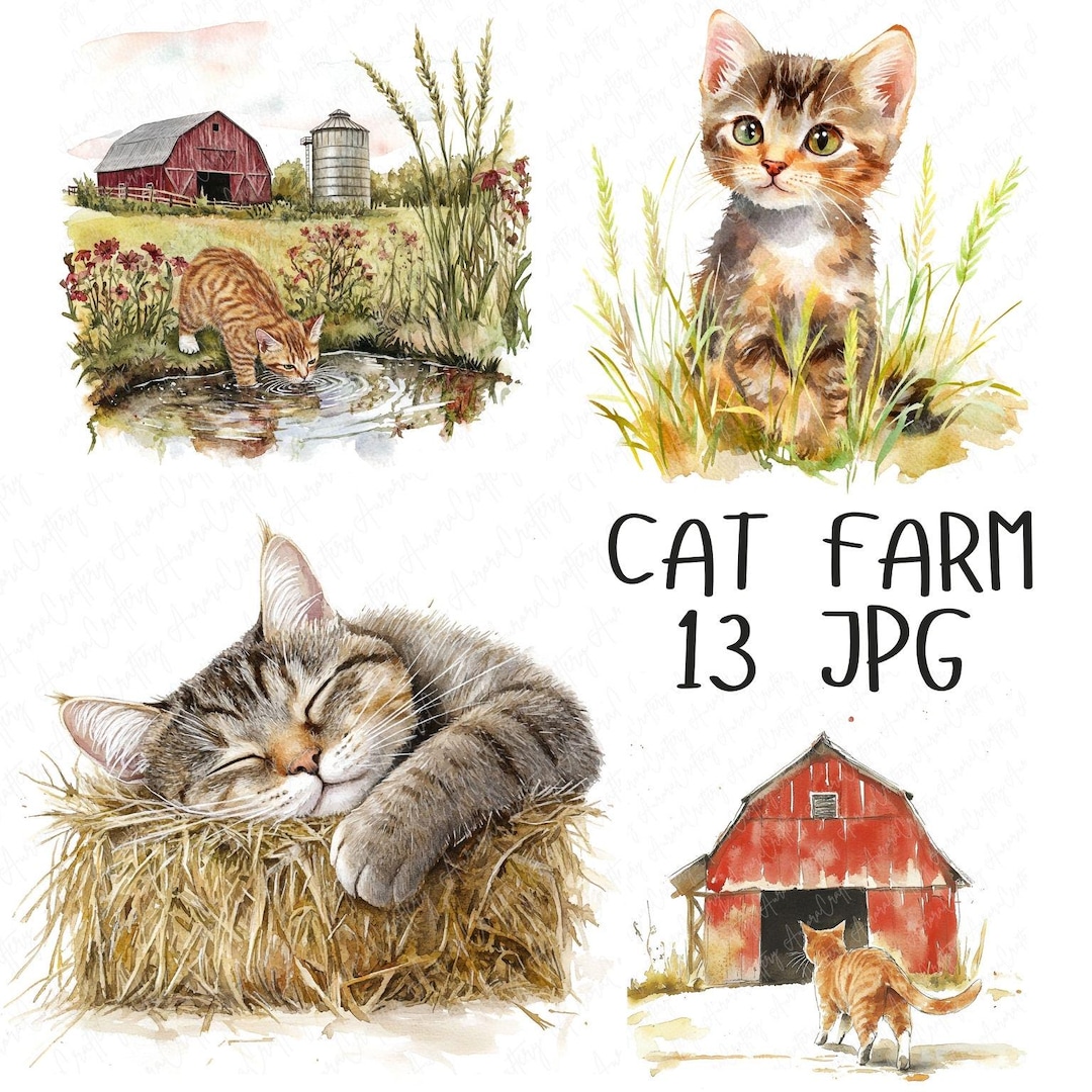 13 Cat Farm Clipart, Watercolor Farm Cats, Watercolor Cat Clipart Cute ...
