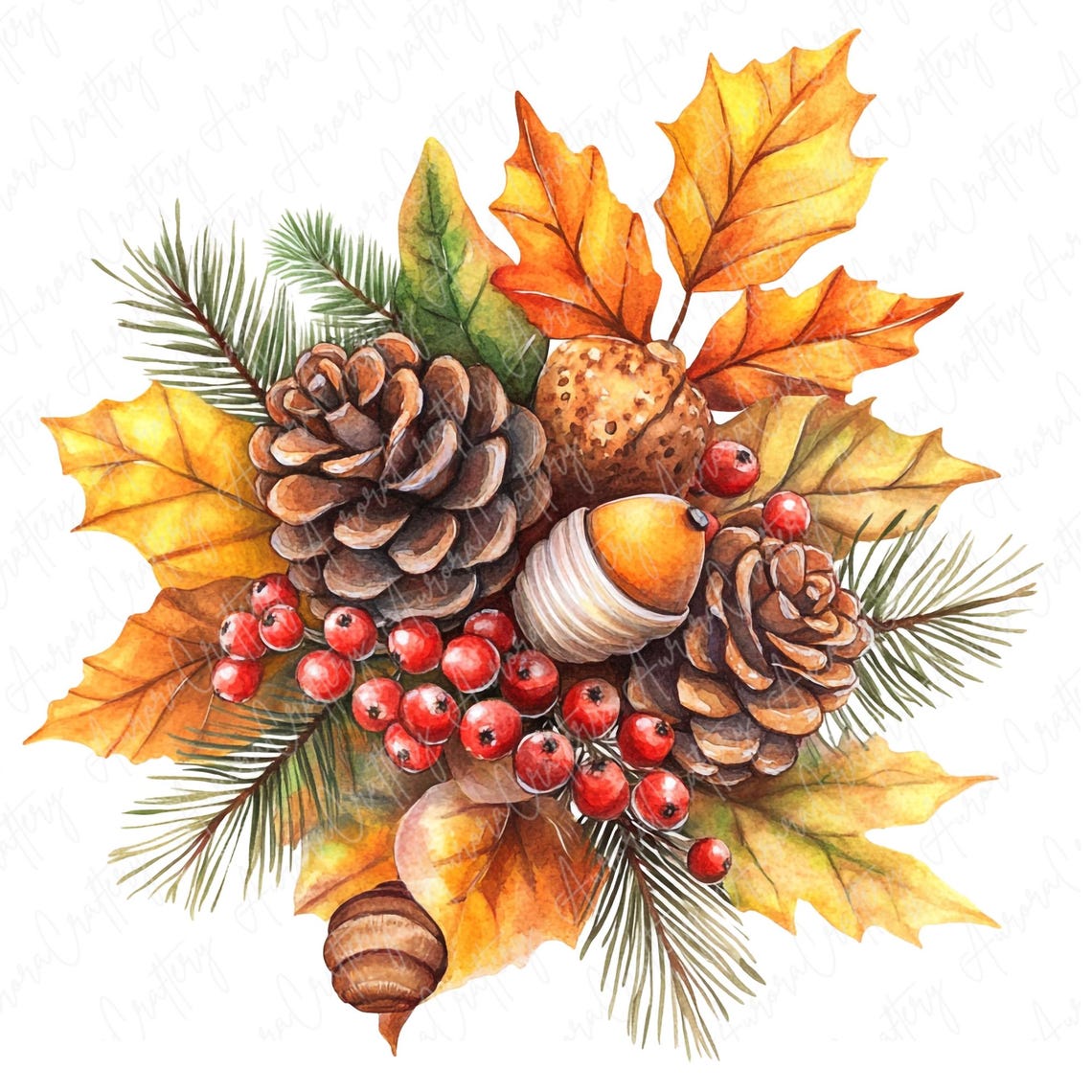 8 Watercolor Fall Leaves and Acorn Bouquet Clipart, Autumn Foliage ...