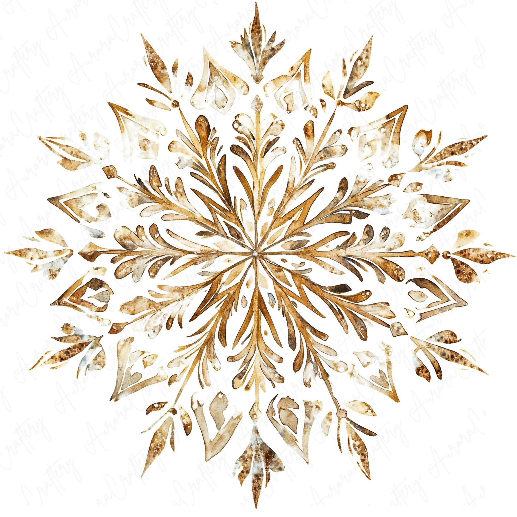 7 Watercolor Winter Snowflake Clipart, Gold Snowflake Clipart, Festive ...
