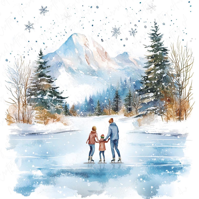8 Watercolor Ice Skating Clipart, Snowy Mountain, Frozen Lake Winter ...