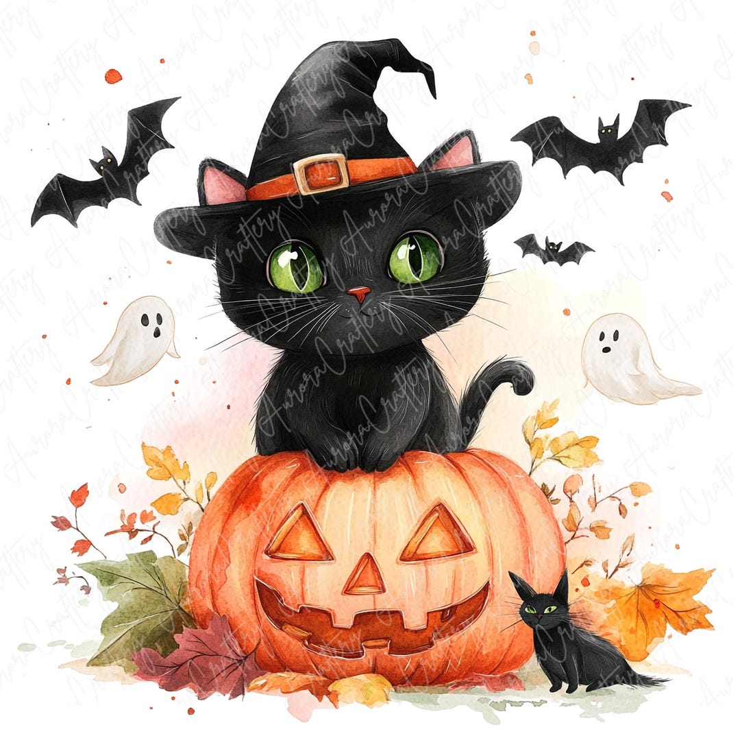 9 Black Cat in Witch Hat Clipart, Spooky Cat Clipart Cute Black Cat ...