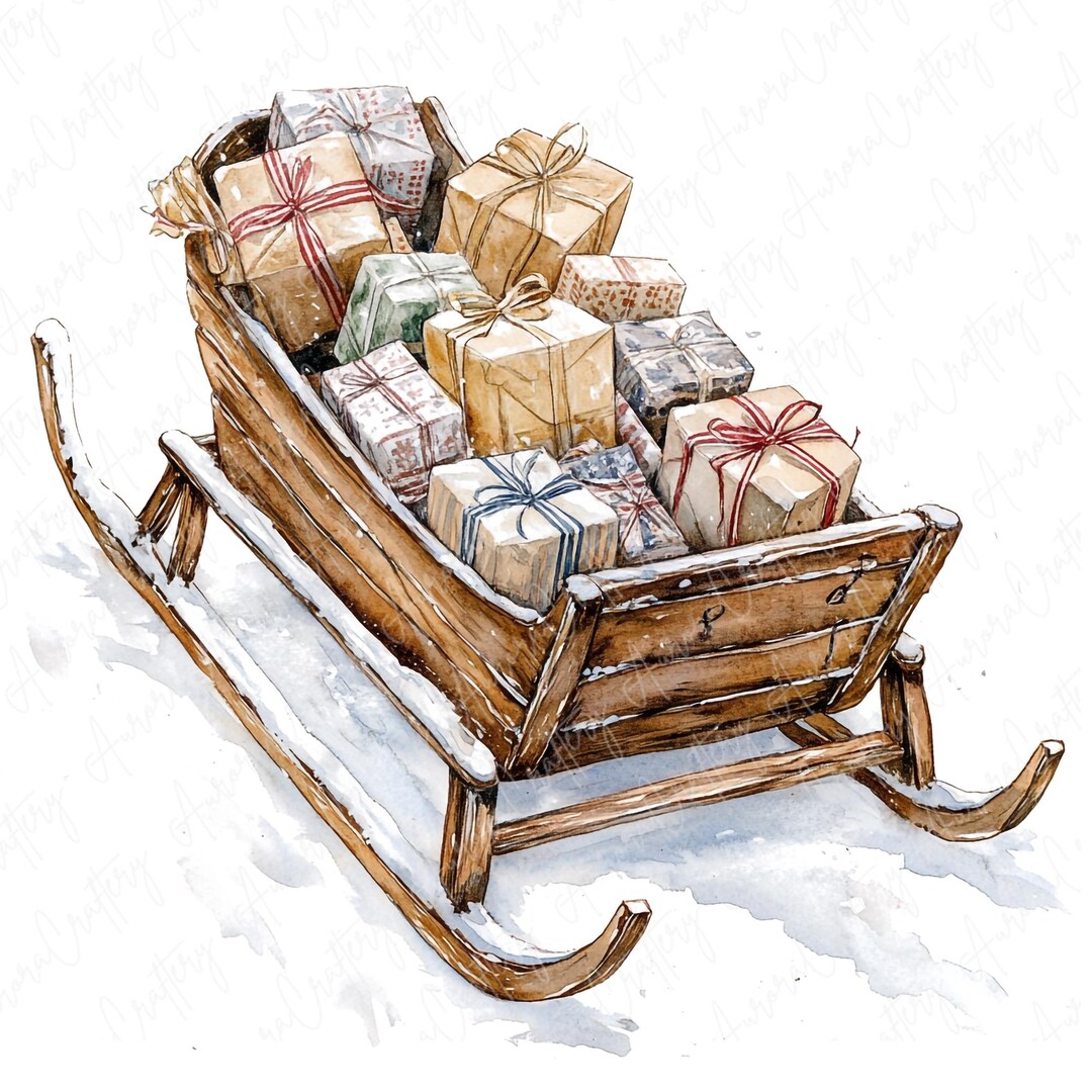 10 Winter Gift Sleds Clipart, Rustic Sleds Loaded With Gifts, Cozy ...