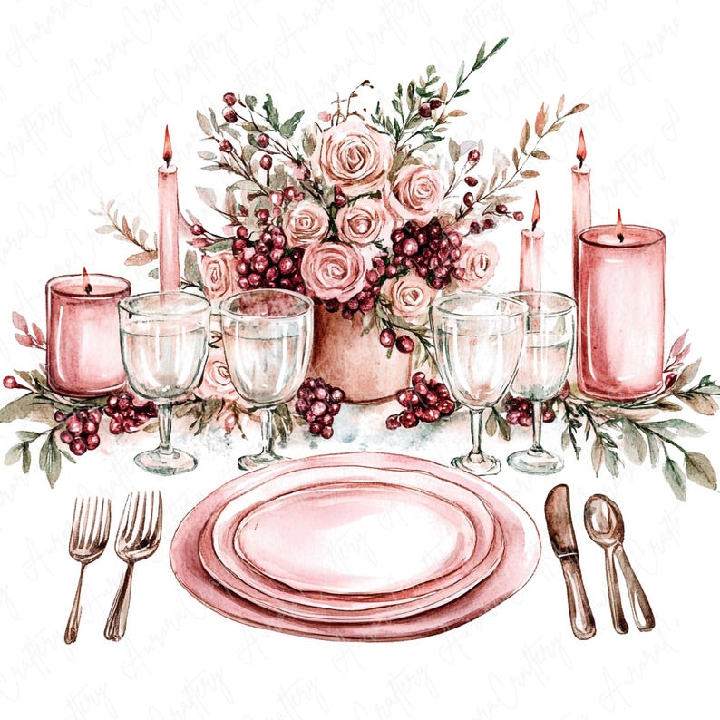6 Pink Winter Festive Table Clipart, Winter Meal Clipart, Candlelight ...