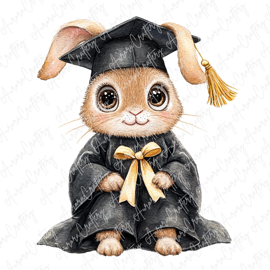 3 Watercolor Graduation Rabbit Clipart, Brown Bunnies in Black Gowns ...
