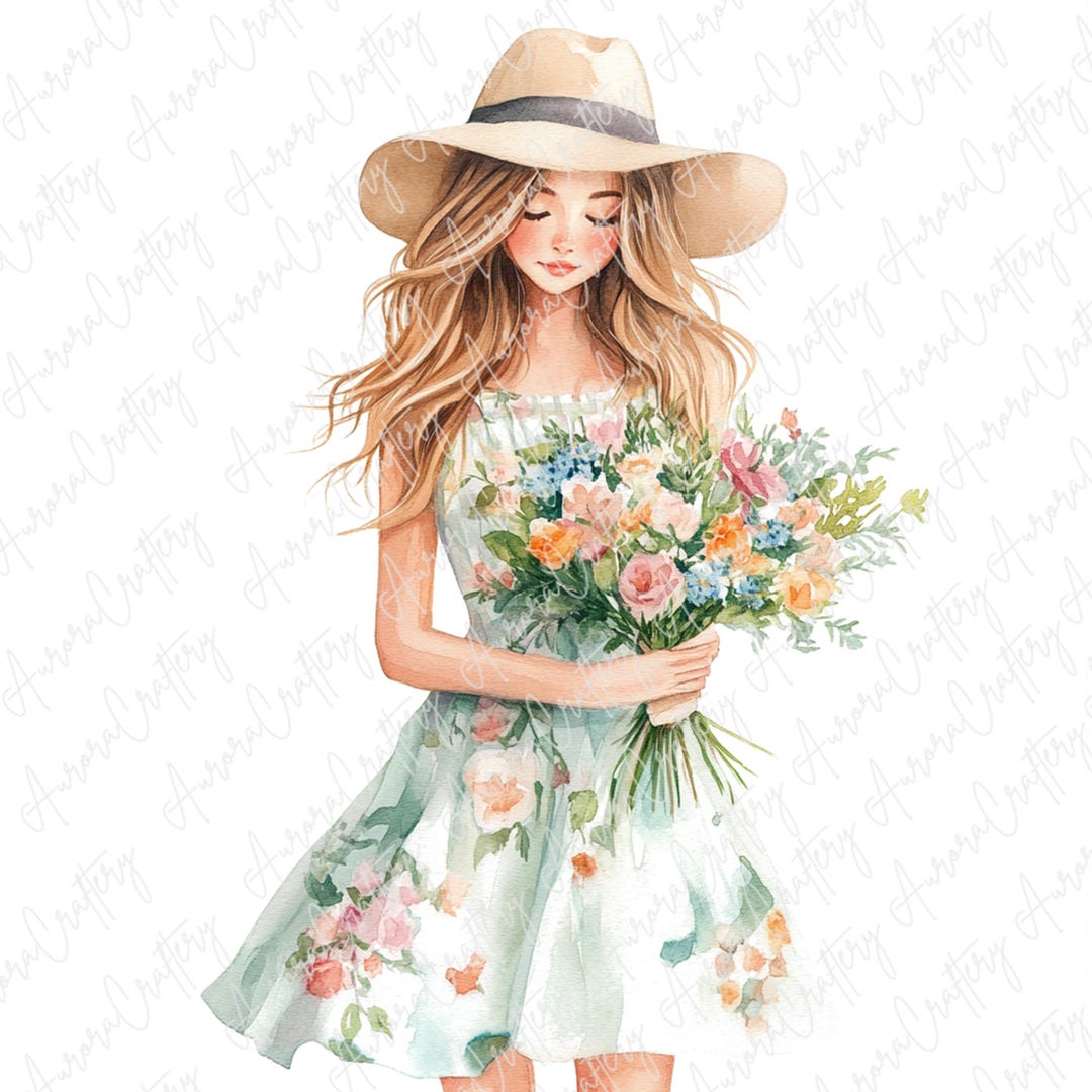 8 Summer Women Clipart Bundle, Girls in Dresses Holding Flowers, Spring ...