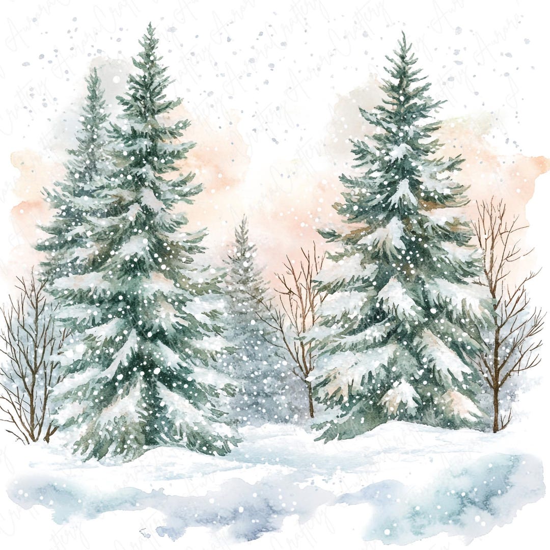 8 Watercolor Winter Tree Clipart, Snowy Forest Landscape Clipart ...