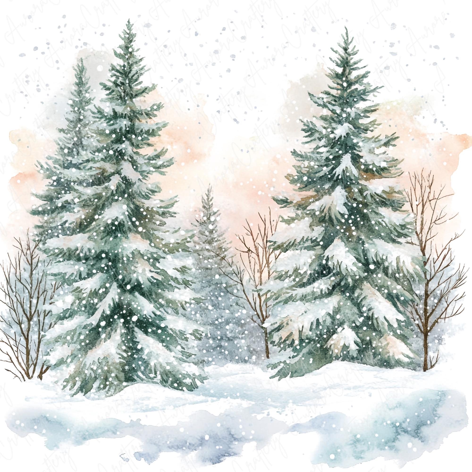 8 Watercolor Winter Tree Clipart, Snowy Forest Landscape Clipart ...