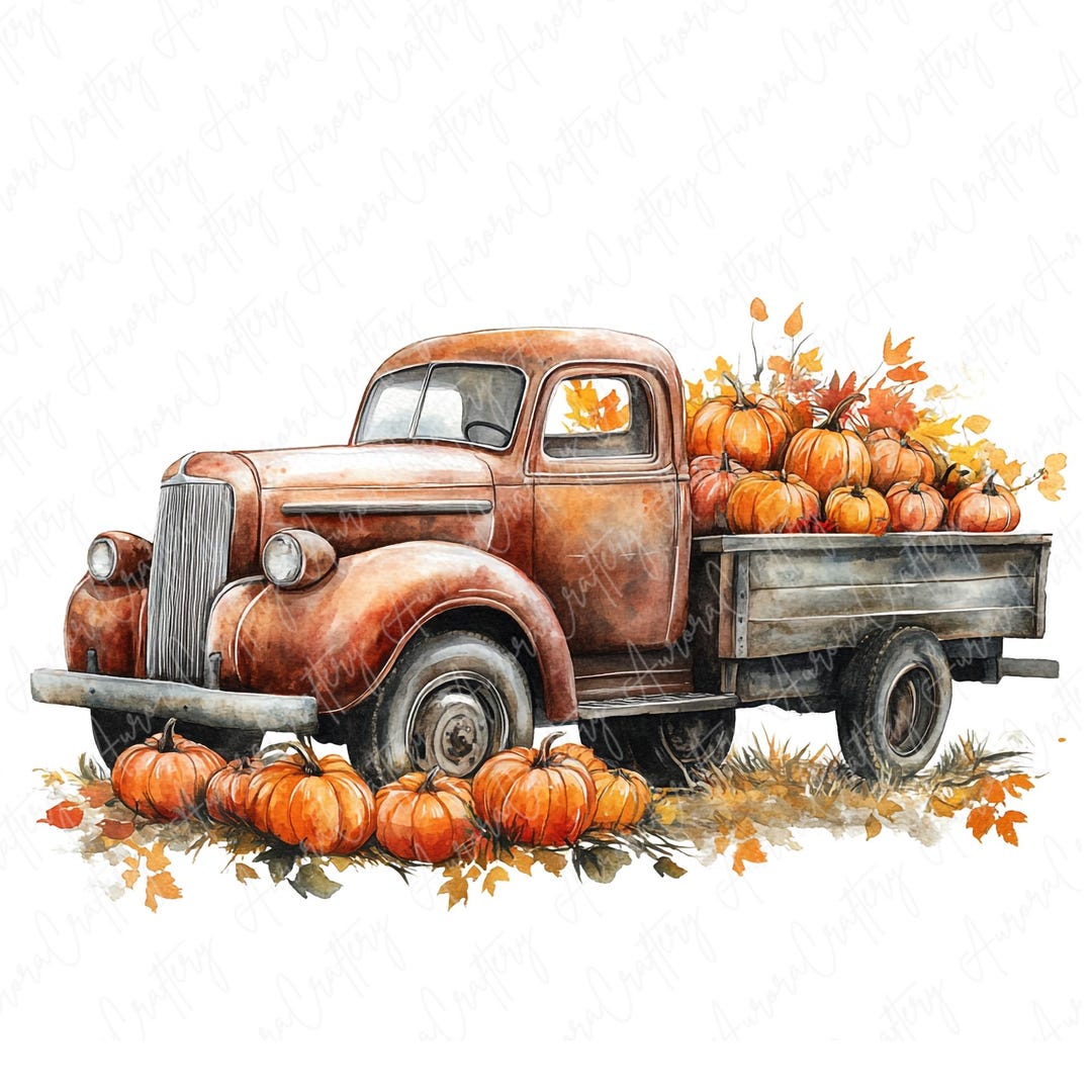 8 Watercolor Vintage Trucks Pumpkins Clipart, Fall Clipart Harvest ...