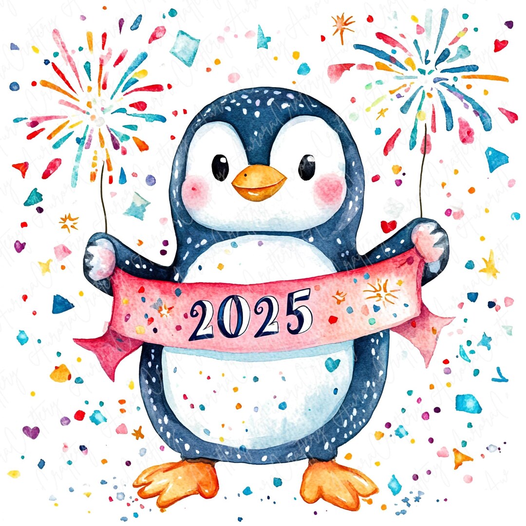 6 Watercolor Penguin New Year Clipart, Animal New Year Clipart, 2025 ...