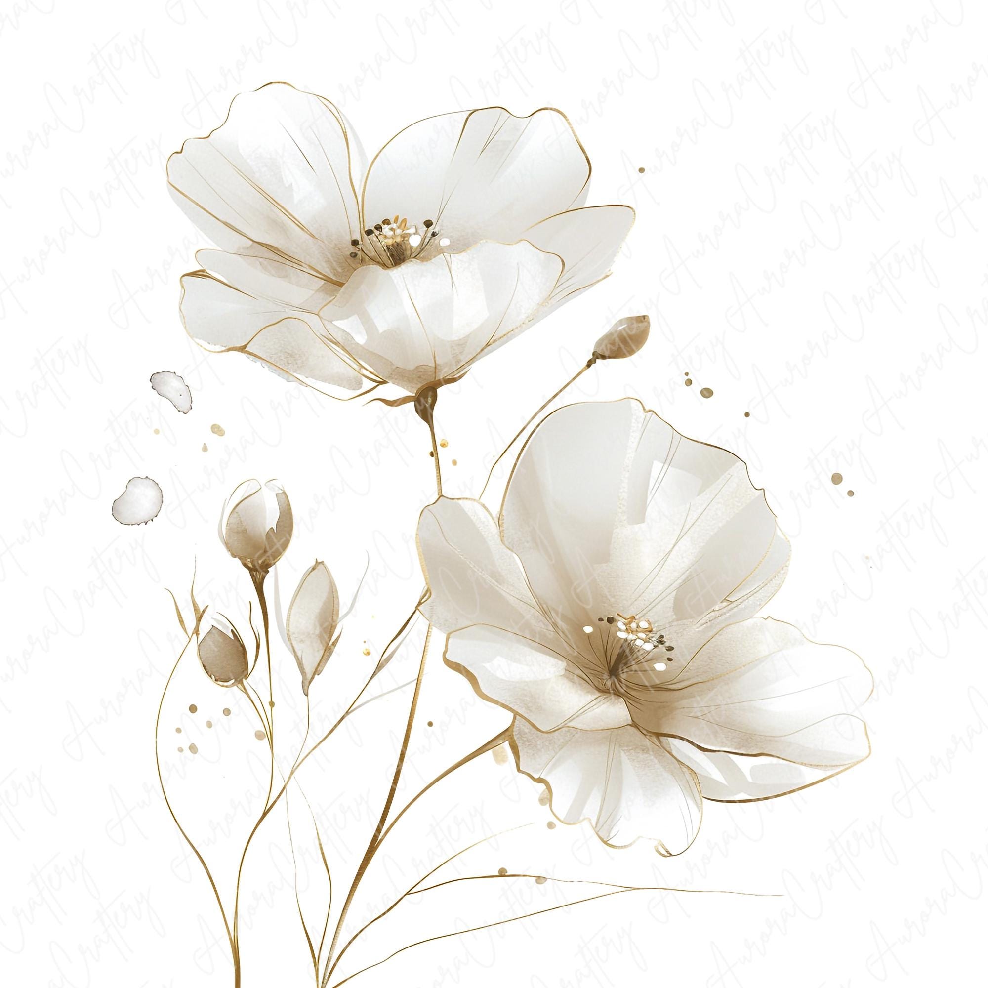 14 White and Gold Abstract Floral Watercolor Clipart Bundle, Wedding ...