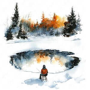 8 Watercolor Ice Fishing Clipart, Winter Landscape Clipart, Fisherman ...
