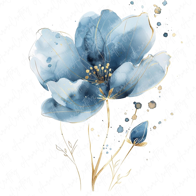 13 Abstract Blue Watercolor Floral Clipart Bundle, Soft Blue & Gold ...