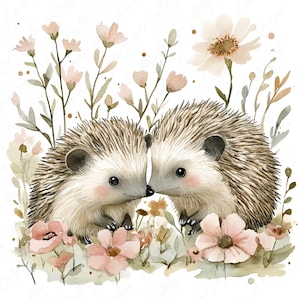10 Watercolor Hedgehog Clipart, Woodland Hedgehog Family Flowers, Cute ...