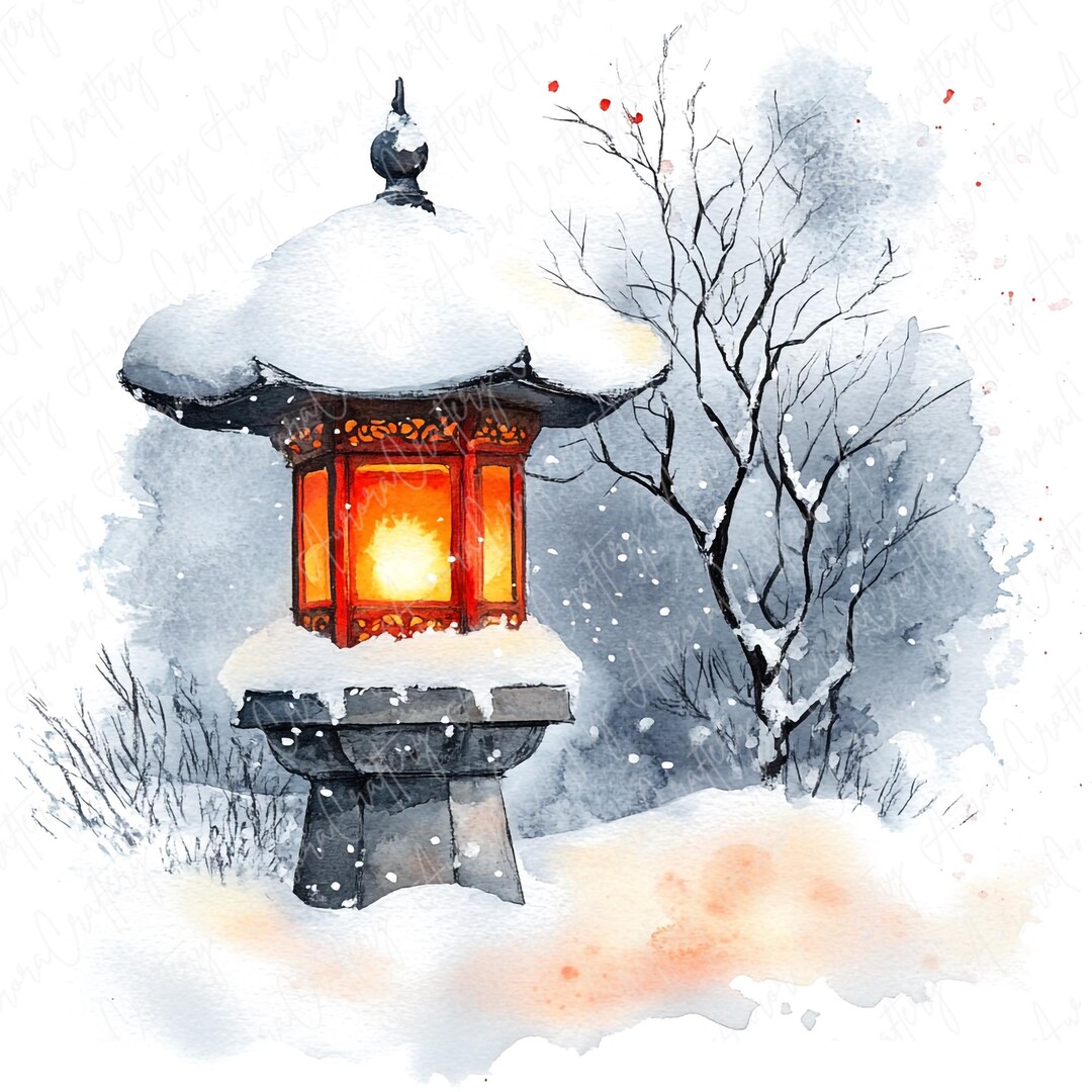 9 Watercolor Snow Lantern Clipart, Festive Japanese Lantern With Snow ...