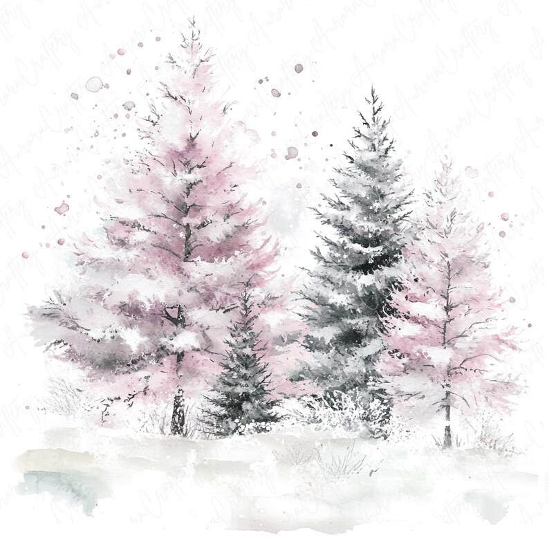8 Watercolor Winter Pine Trees Clipart, Frosty Forest Scenes, Winter ...