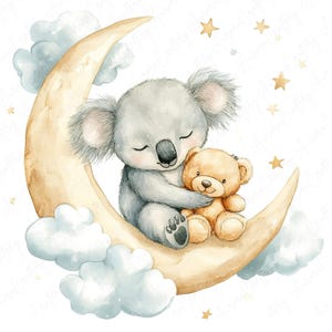 8 Sleepy Koala Nursery Clipart Cute Baby Koalas With Moons, Stars ...