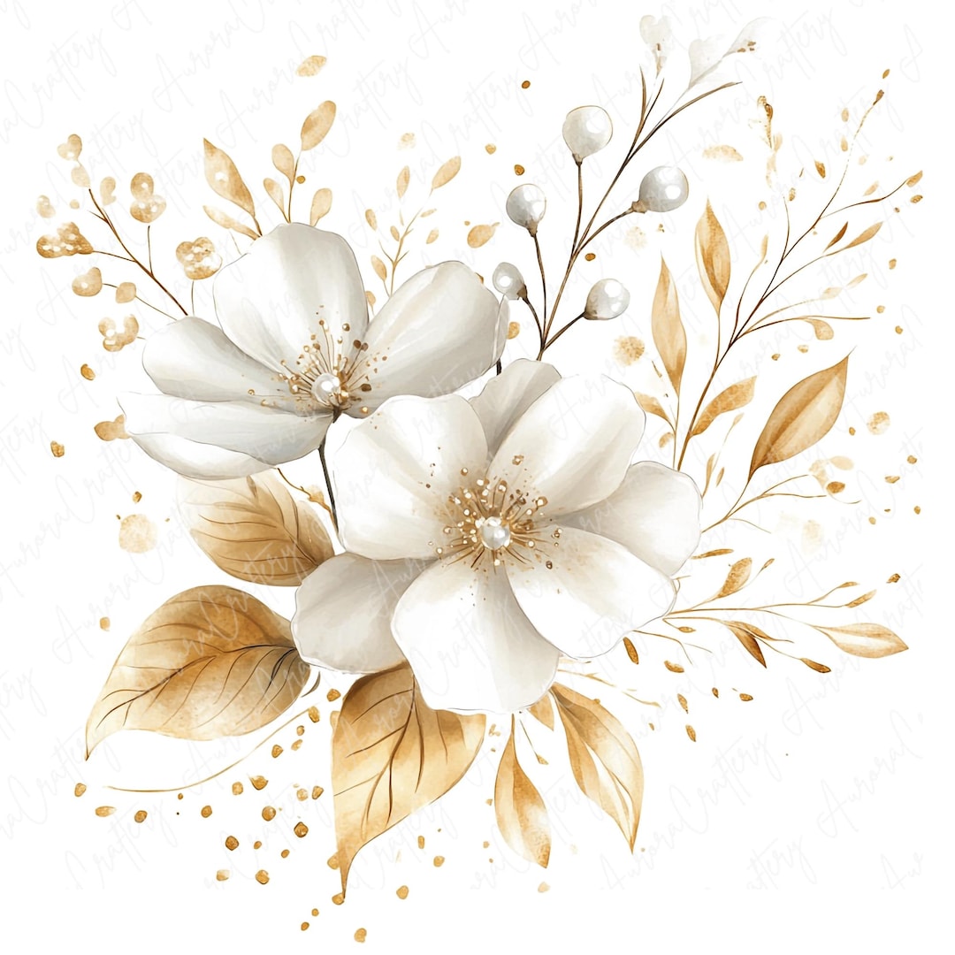 8 Watercolor Golden Floral Clipart, Soft Beige and Gold Flowers, White ...