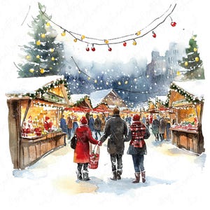 5 Watercolor Winter Market Clipart, Snowy Village Market, Winter ...