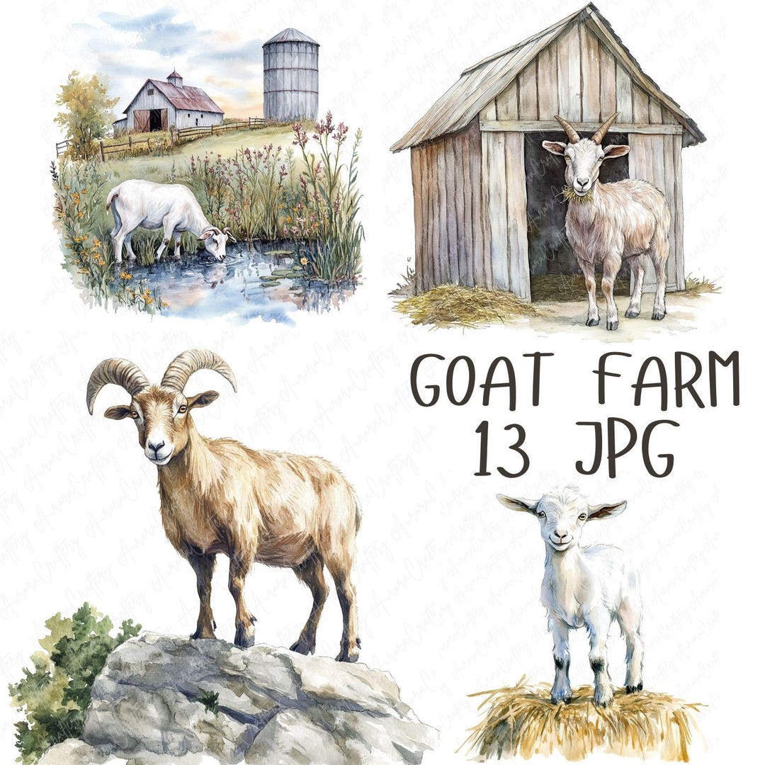 13 Goat Farm Clipart, Watercolor Farm Scenes With Goats, Rustic Barns ...