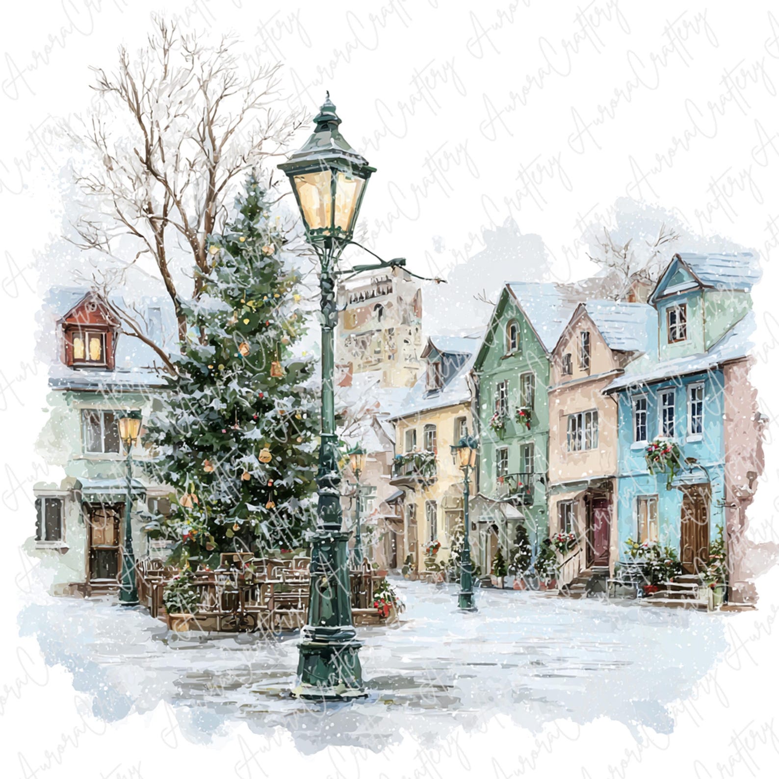 9 Watercolor Winter Village Scene Clipart, Snowy Town Square With Tree ...