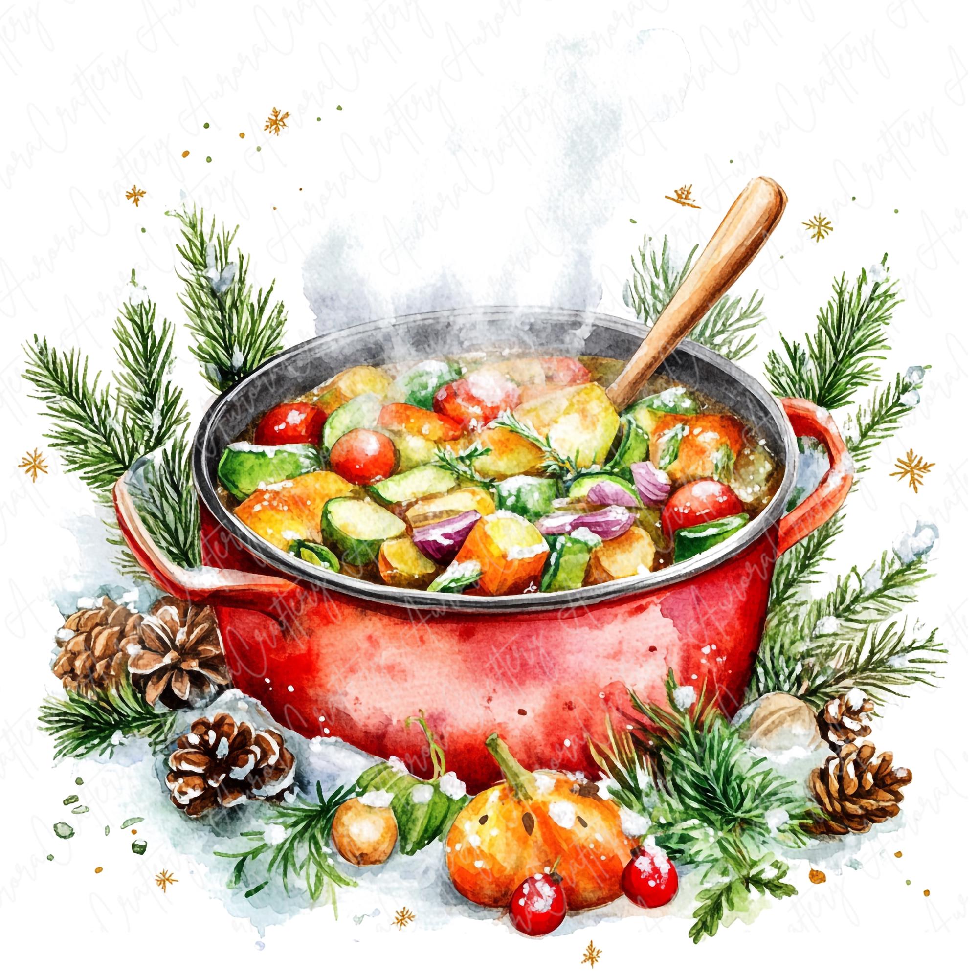 7 Watercolor Holiday Soup Clipart, Festive Pot of Vegetable Clipart ...