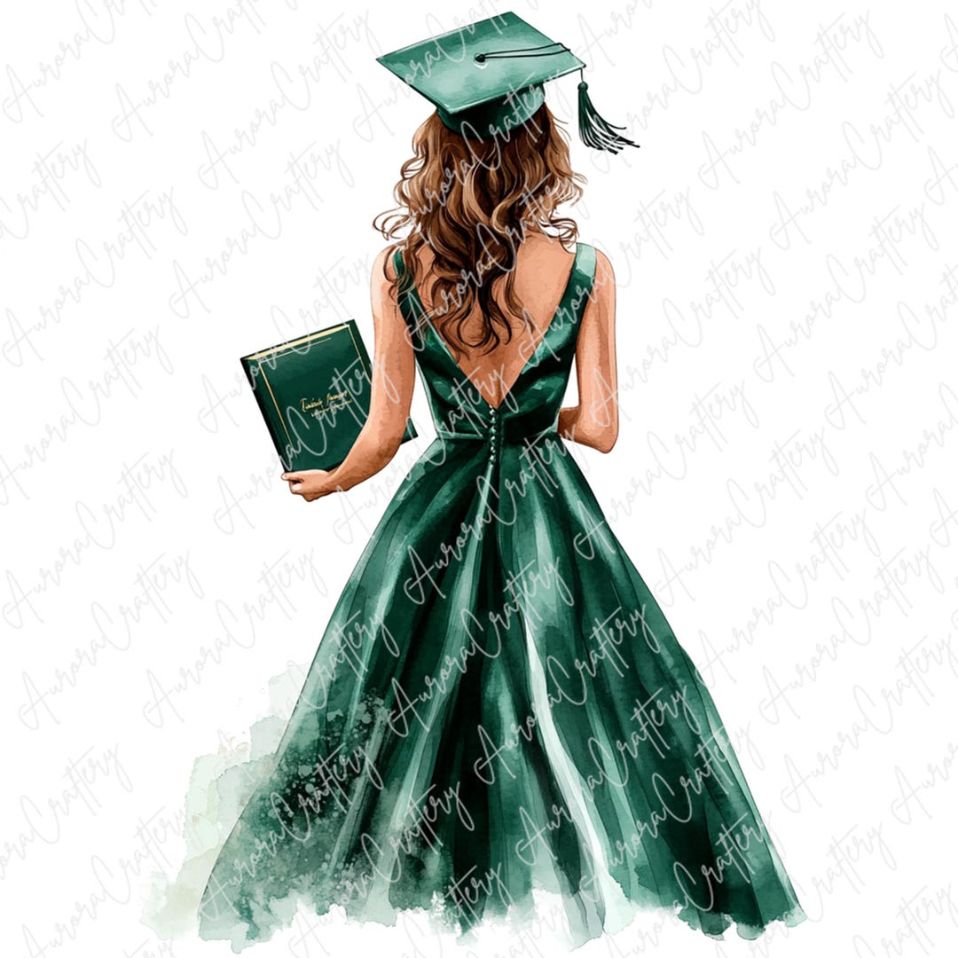 4 Watercolor Green Graduation Girl Clipart, Flowing Graduation Dress ...