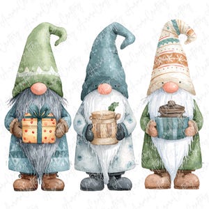 7 Watercolor Winter Gnomes Clipart Set, Festive Gnomes With Gifts JPG ...