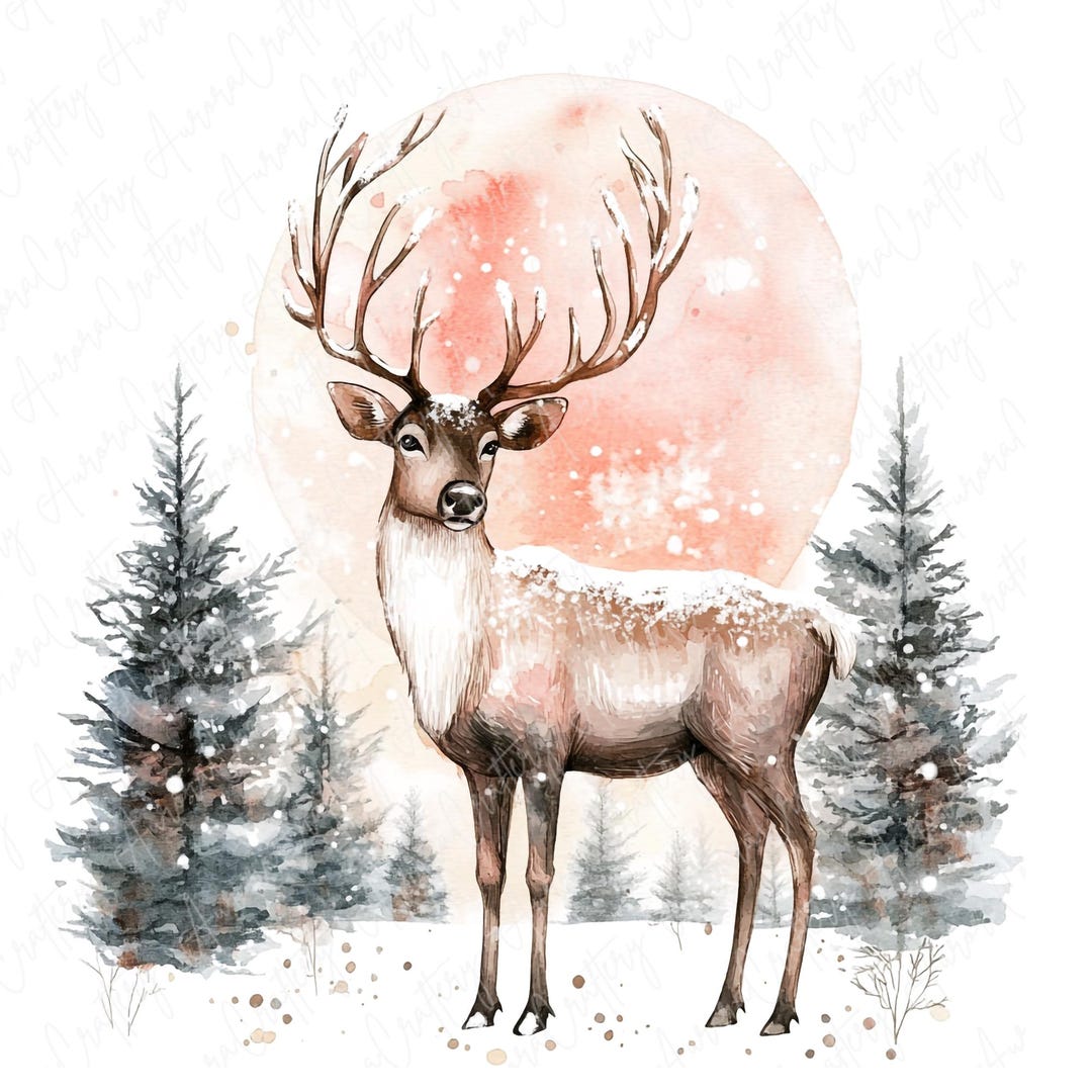 8 Watercolor Winter Deer Clipart, Woodland Reindeer in Snow Forest ...