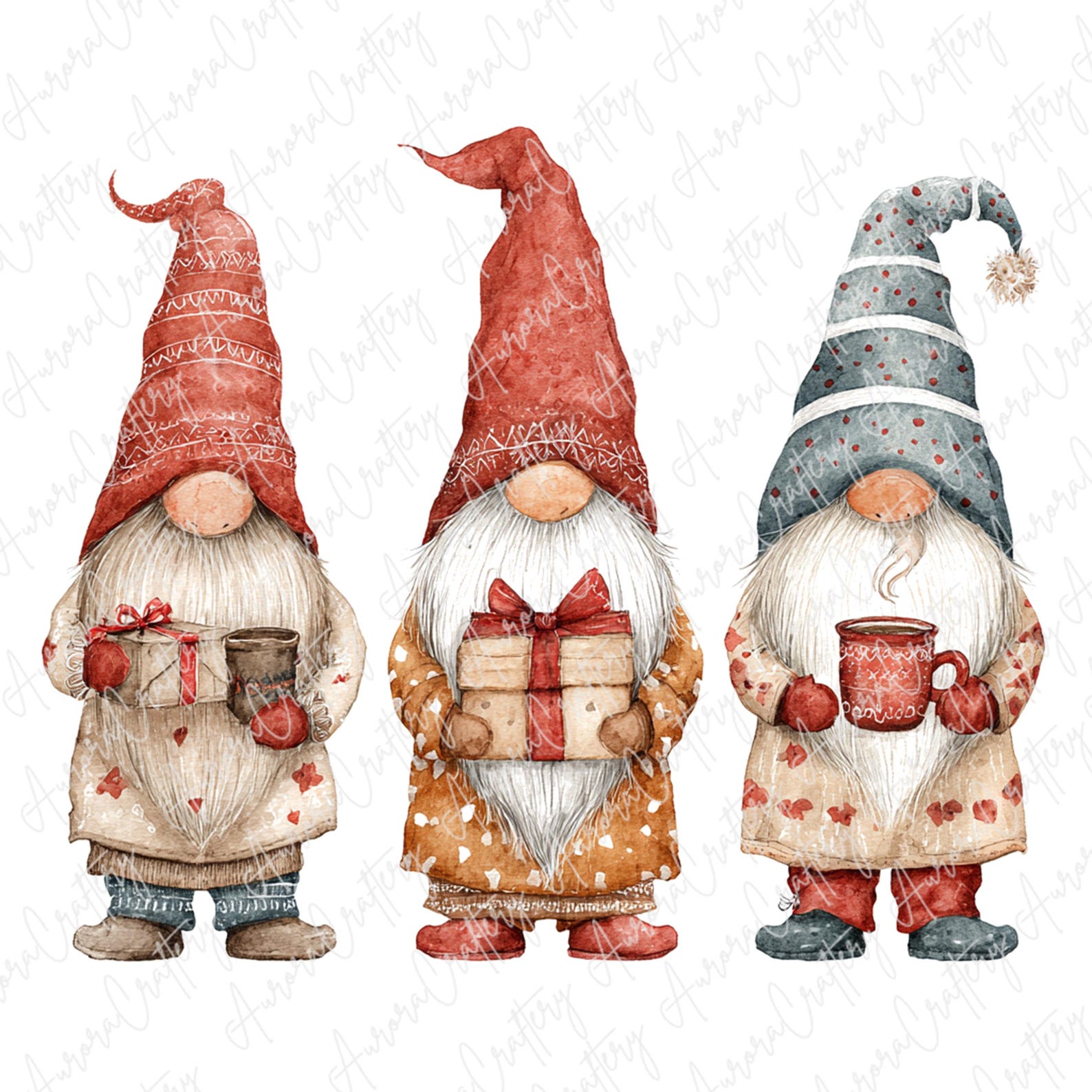 7 Watercolor Winter Gnomes Clipart Set, Festive Gnomes With Gifts JPG ...