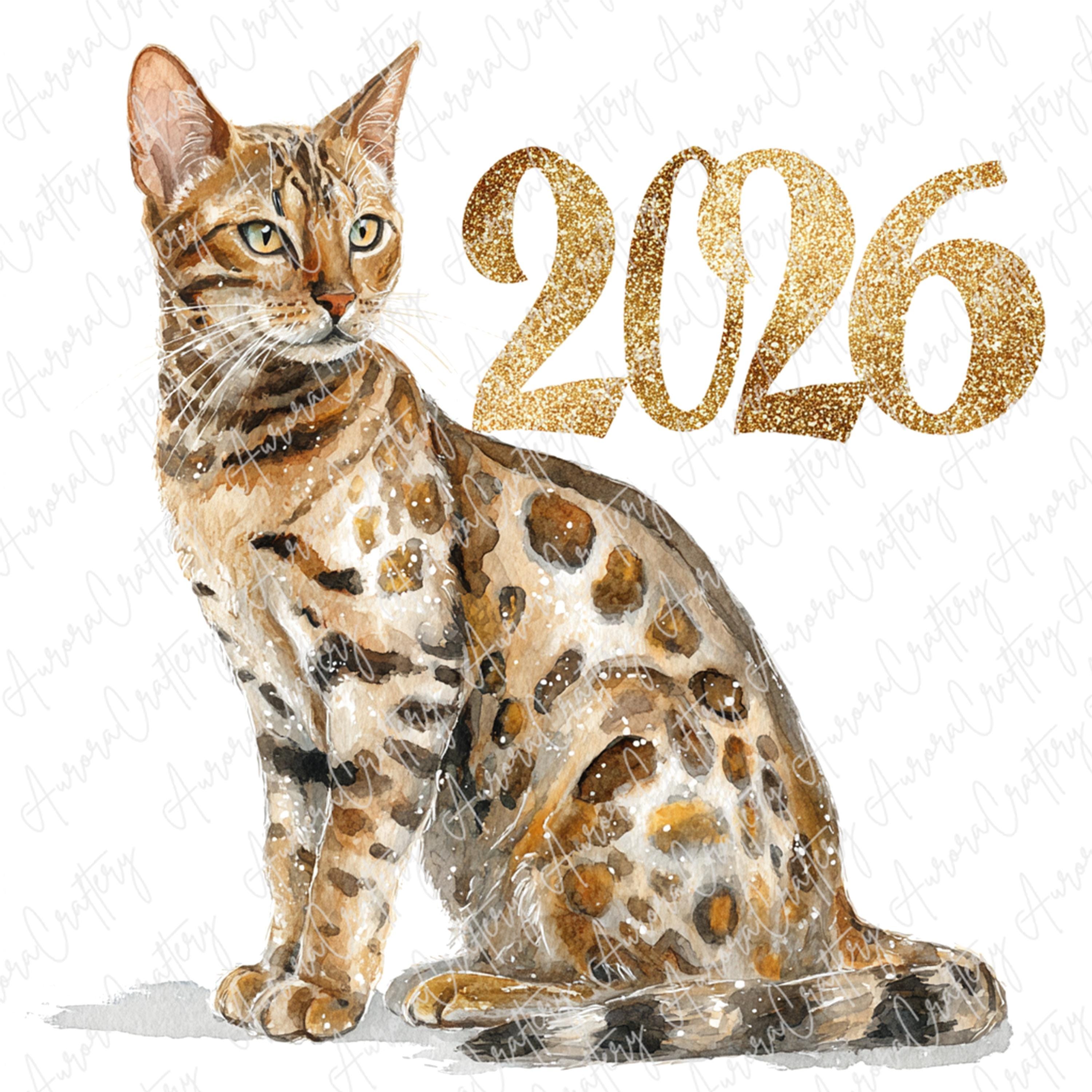 5 Watercolor Bengal Cat 2026 Clipart Set, Glitter Gold New Year JPG ...